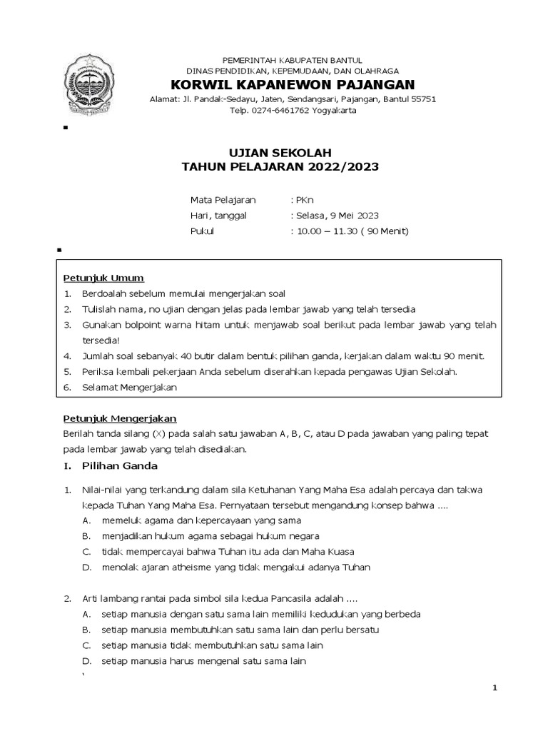 Perangkat Soal Ujian Tertulis PKN Tahun 2022-2023 | PDF