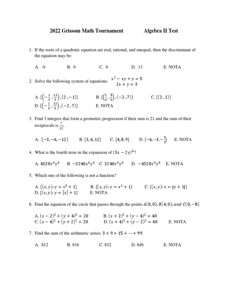 2022 Grissom Math Tournament Algebra II Test Results | PDF | Equations ...