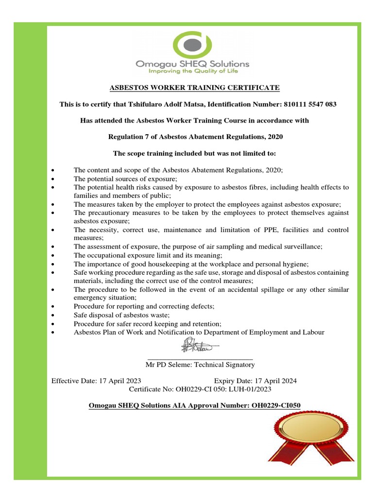 Asbestos Worker Training Certificate - Tshifularo Matsa | PDF