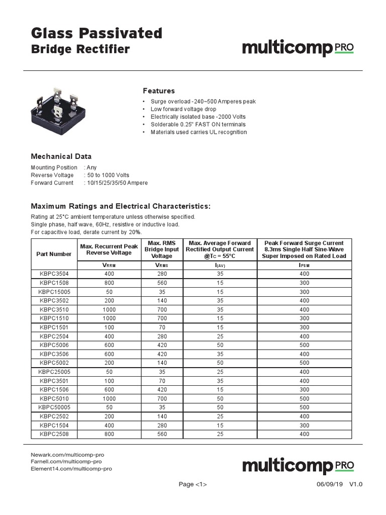 Glass Passivated: Bridge Rectifier | PDF | Rectifier | Electronic Engineering