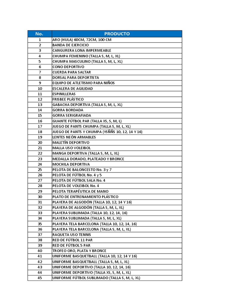 Listados Nombres Implementos Deportivos | PDF