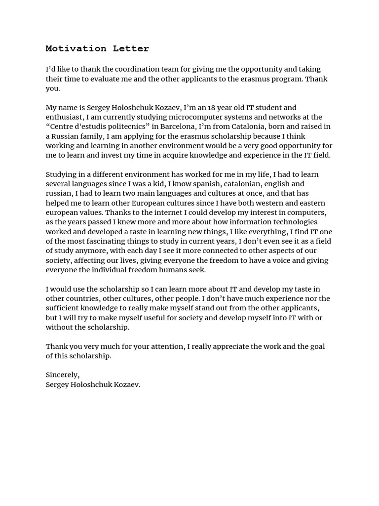 Erasmus Motivation Letter by IT Student | PDF | Social Science ...