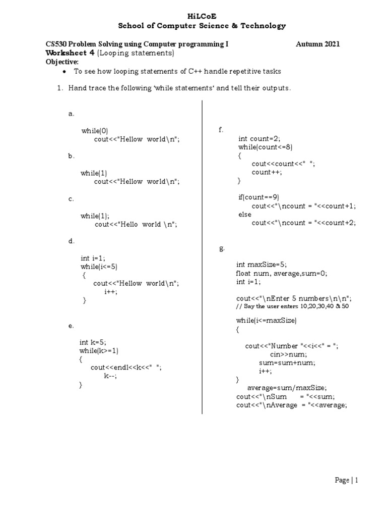 Worksheet 4 (Looping Statements One) | PDF | Software Development | Computer Engineering