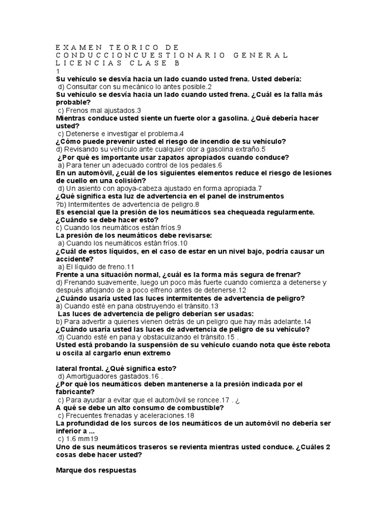 Examen Teórico de Conducción Clase B | PDF | Neumático | Presión