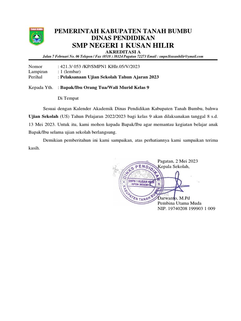 sURAT Pemberitahuan Ujian Sekolah smp1 Kusan Hilir | PDF