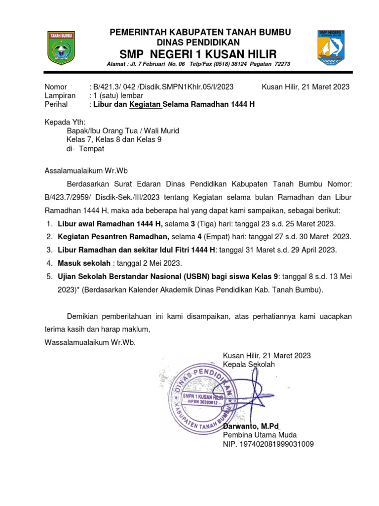 Surat Pemberitahuan Libur Dan Kegiatan Ramadhan 1444H | PDF