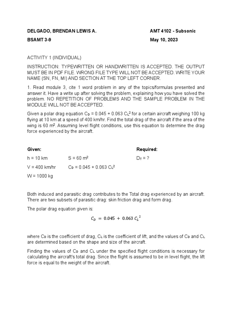 Amt 4102-9 Delgado - Midterm Act 1 | PDF | Drag (Physics) | Lift (Force)