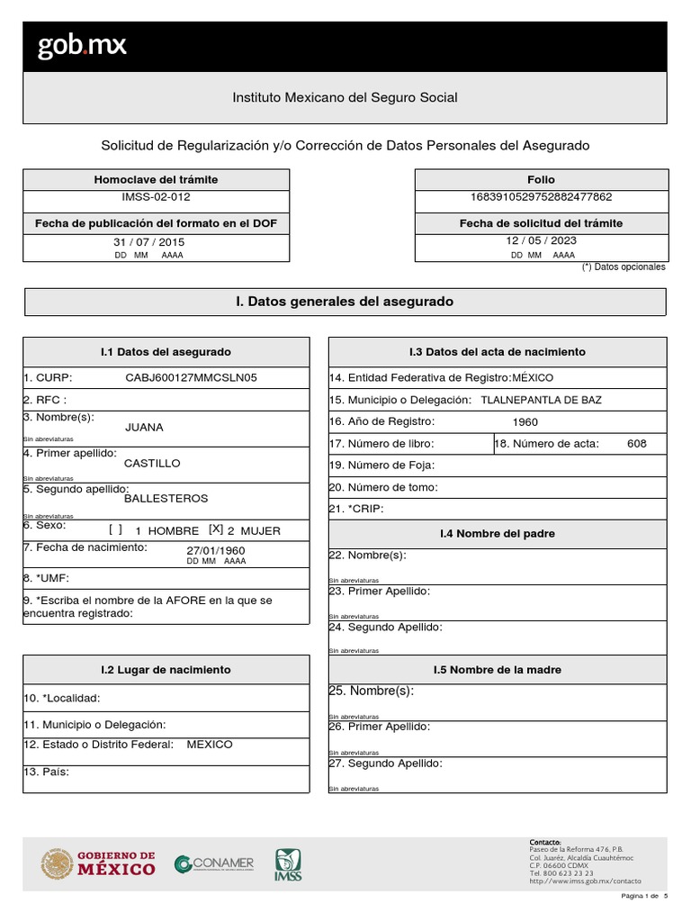 Instituto Mexicano Del Seguro Social: I. Datos Generales Del Asegurado ...