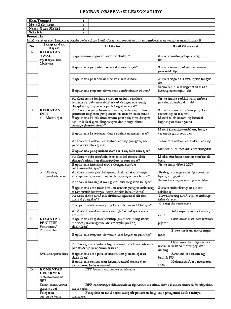 Contoh INSTRUMEN - Lembar Observasi Lesson Study - 2023 | PDF