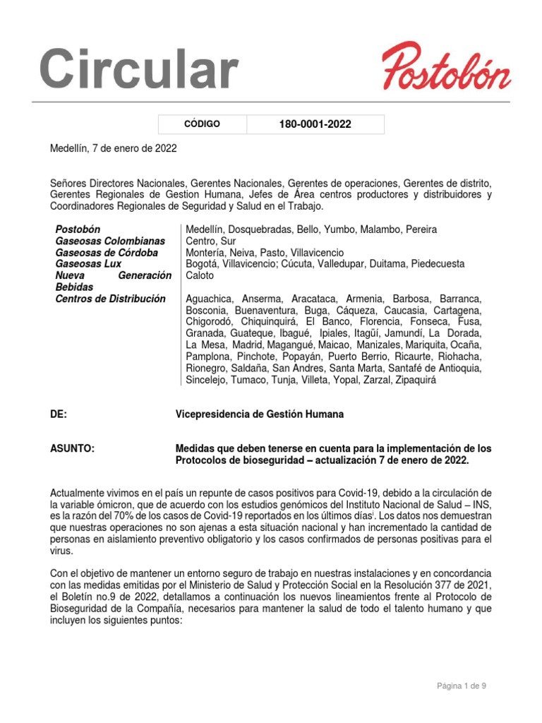Circular 180-0001-2022 I Protocolos de Bioseguridad Actualizados - Covid - 19 07012022 | PDF ...