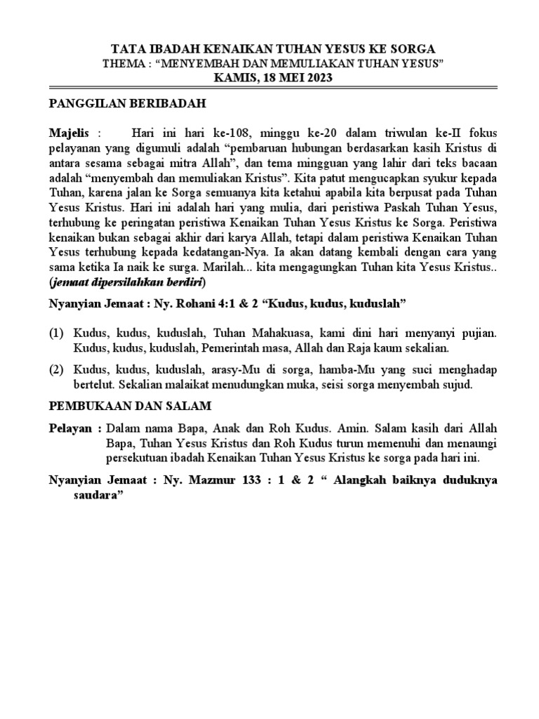 Tata Ibadah Kenaikan Tuhan Yesus Ke Sorga 18 Mei 2023 Pdf
