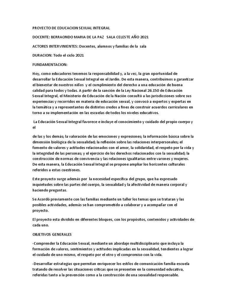 Proyecto de Educacion Sexual Integral | PDF | Educación sexual | Sexualidad