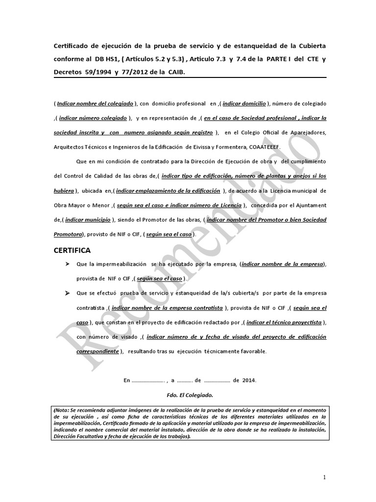 Modelo Certificado Prueba Servicio y Estanqueidad CAIB y CTE Mayo 2014 | PDF