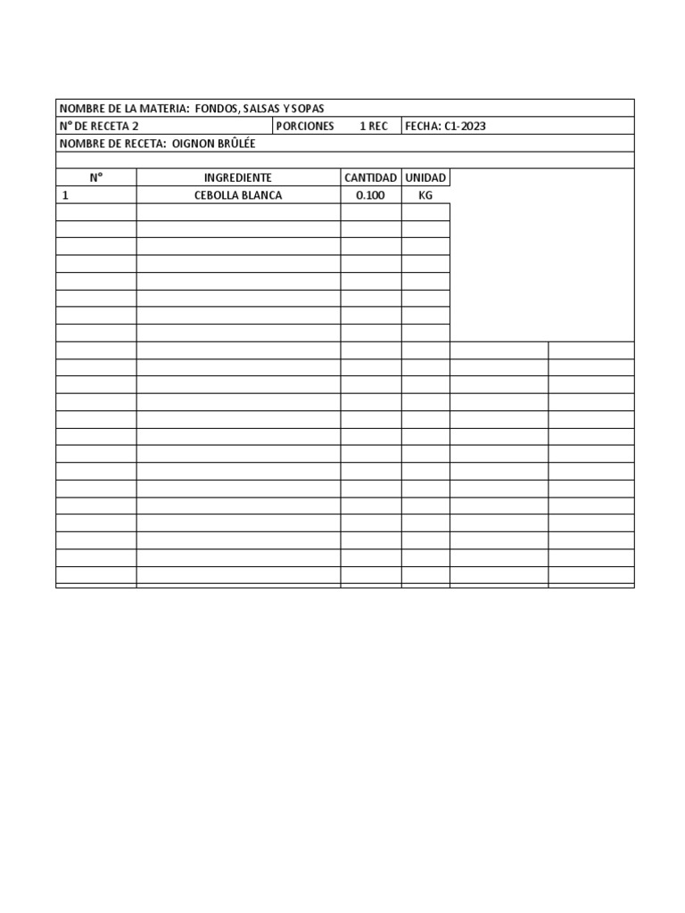 Receta Estandar 2 Oignon Brûlée | PDF