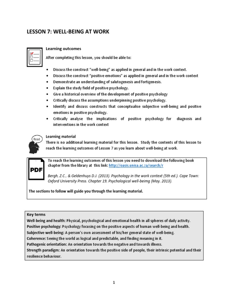Iop1601 Lesson 7 2023 | PDF | Positive Psychology | Well Being