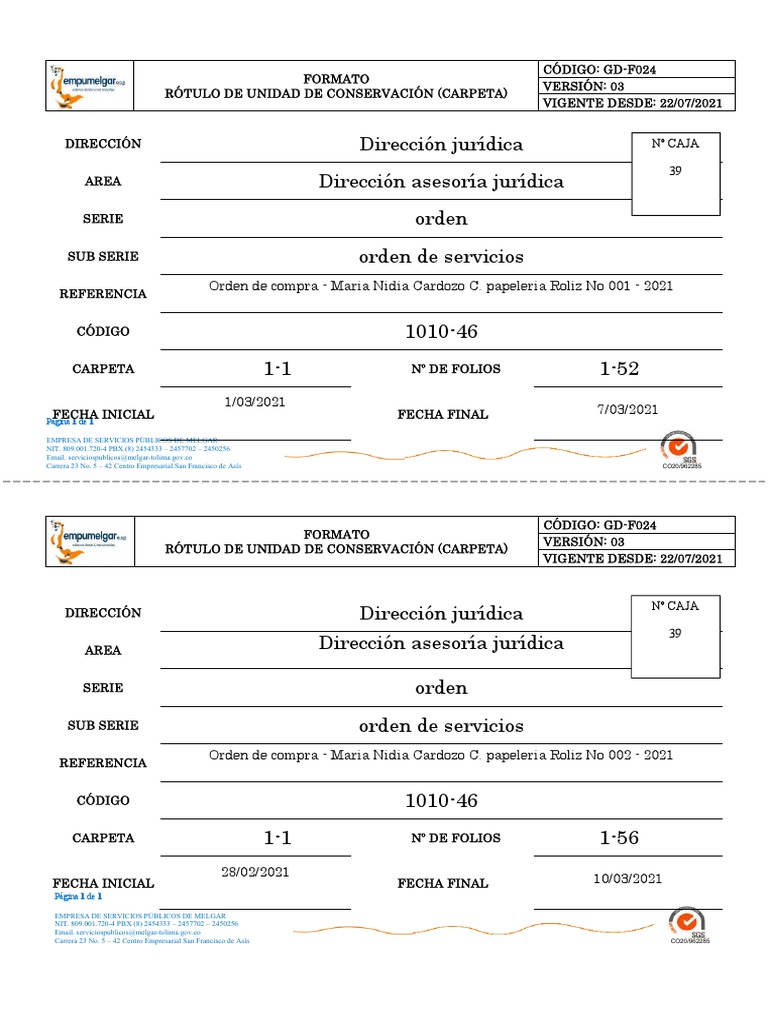 Rótulo de Unidad de Orden de Compra de 1 Al 15 | PDF