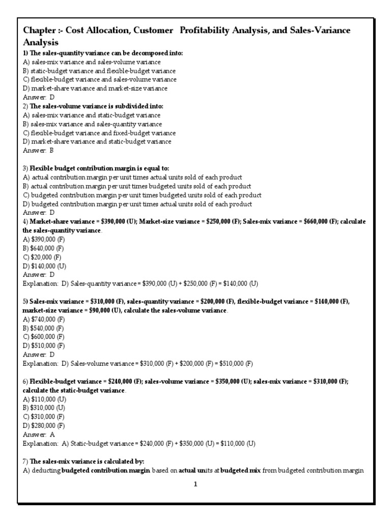 Chapter:-Cost Allocation, Customer Profitability Analysis, and Sales-Variance Analysis | PDF ...