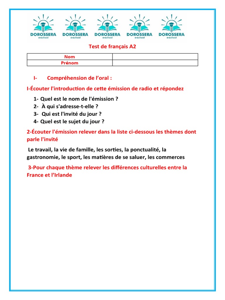 Test de français A2 avec correction | PDF | Linguistique | Nourritures