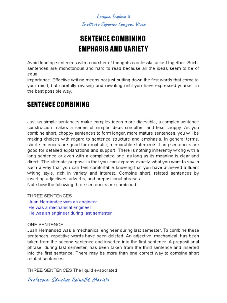 Sentence Combining. Emphasis and Variety | PDF | Clause | Adjective