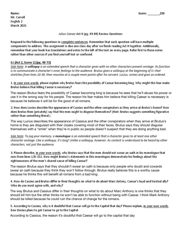 Julius Caesar Act II Review Questions | PDF | Julius Caesar