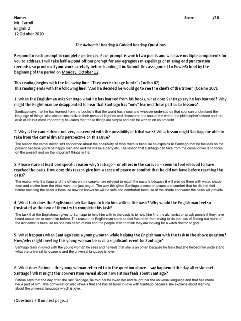 The Alchemist Guided Reading Questions | PDF