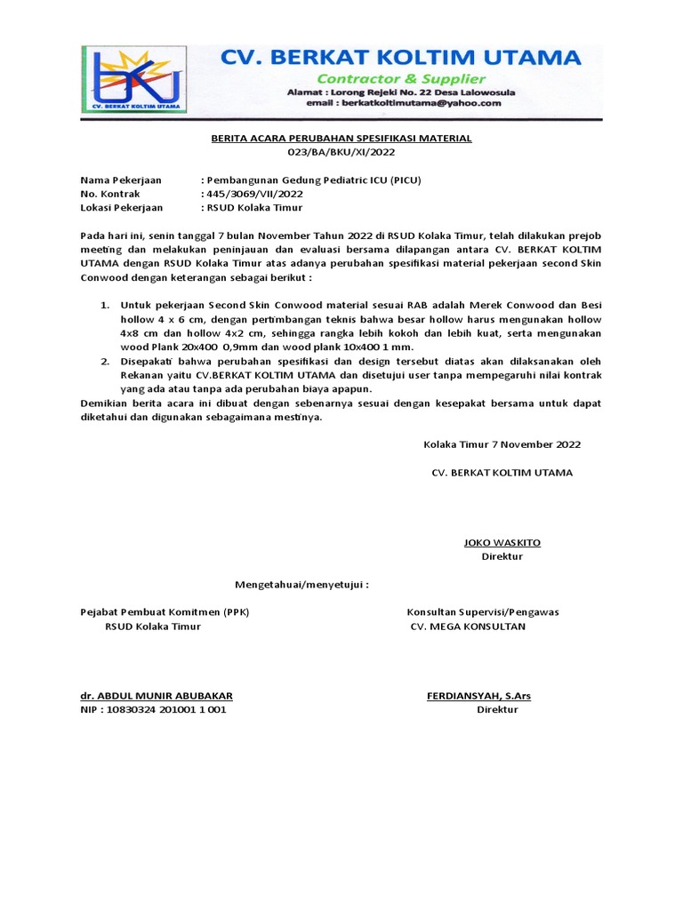 Berita Acara Perubahan Spesifikasi Material | PDF