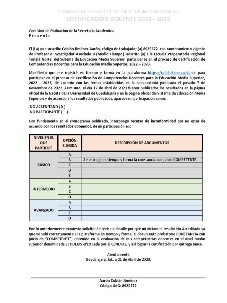 Recurso de Inconformidad 8925372 ACJ | PDF