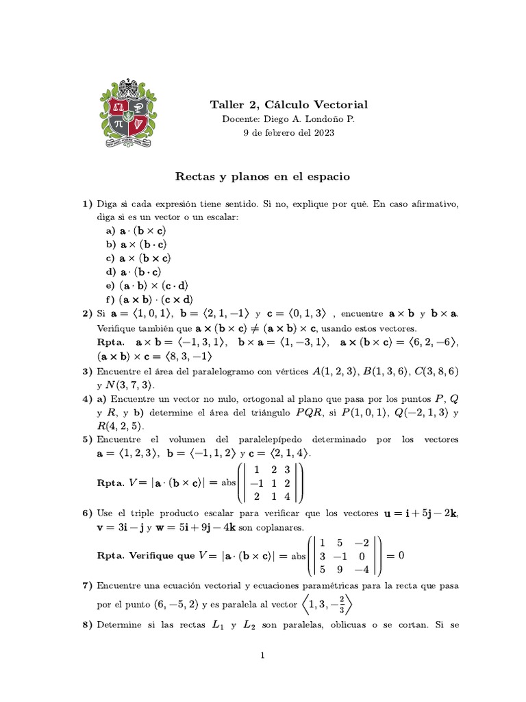 Taller 2, Cálculo Vectorial, Soluciones | PDF | Vector Euclidiano | Conceptos matemáticos