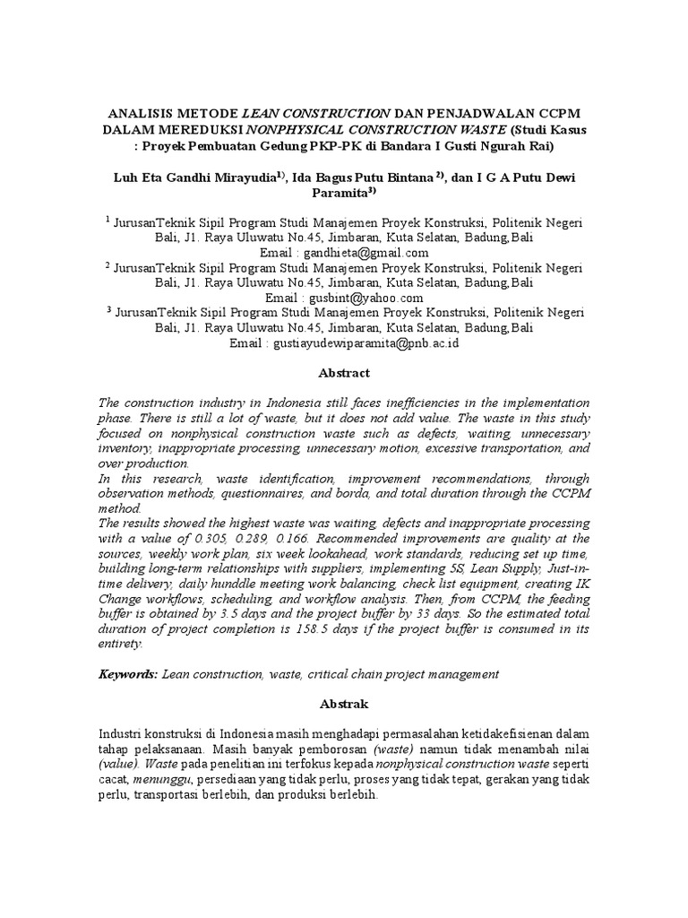 ANALISIS METODE LEAN CONSTRUCTION DAN PENJADWALAN CCPM | PDF | Lean ...