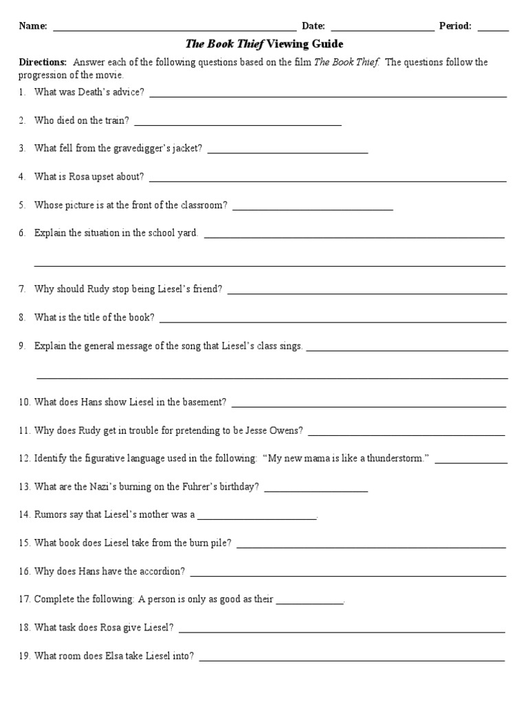 The Book Thief Viewing Guide Questions | PDF | Games & Activities