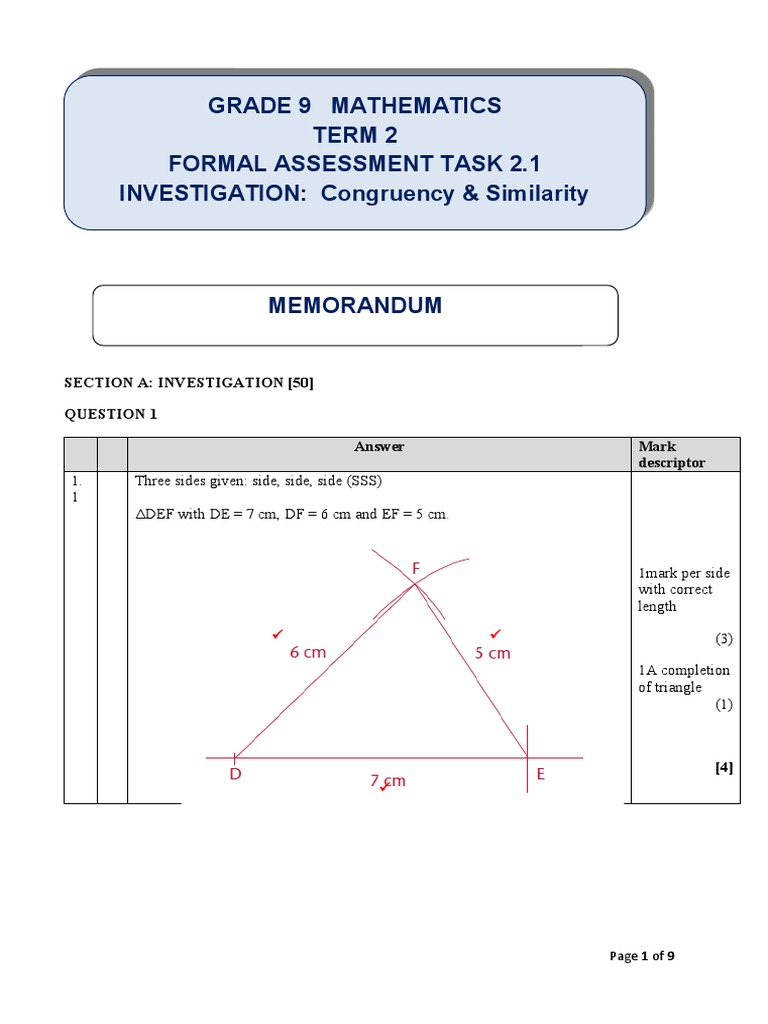 Mathematics GR 9 Investigation Term 2 MEMORANDUM Congruency and Similarity | PDF | Triangle | Angle