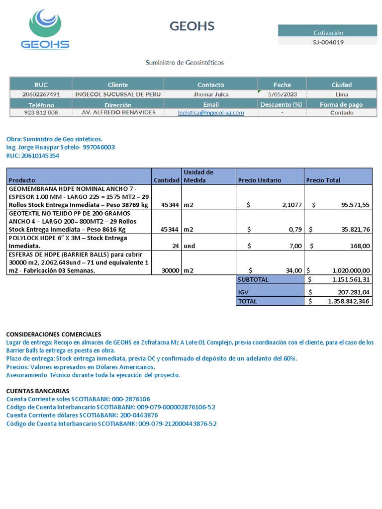 Cotizacion GEOHS - Jhomar Julca INGECOL | PDF