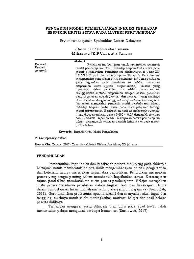 Artikel Pengaruh Model Pembelajaran Inkuiri Terhadap Berpikir Kritis Siswa Pada Materi ...