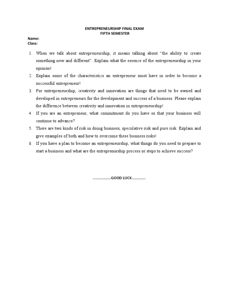Entrepreneurship Final Exam Questions | PDF