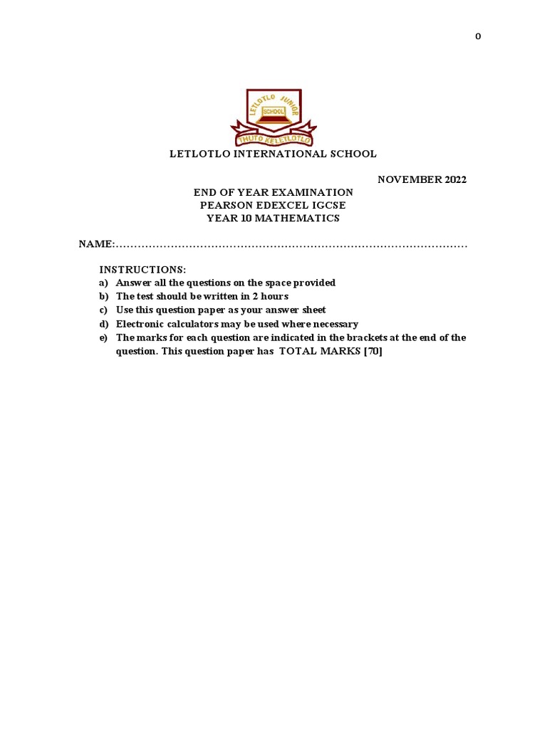 Year 10 Maths End of Year Exam Paper | PDF