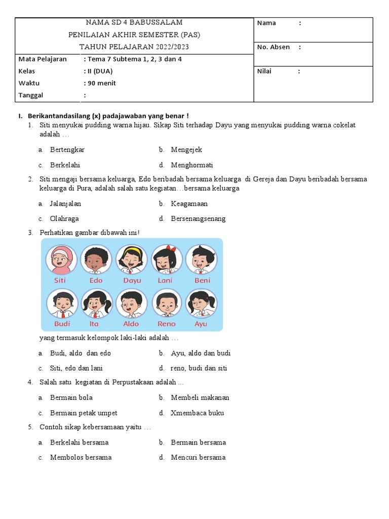 Soal PAS TEMA 7 KELAS 2 | PDF | Griya & Taman