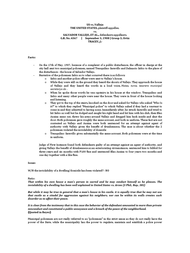 The Case of US vs. Vallejo: Determining Whether the Inviolability of ...