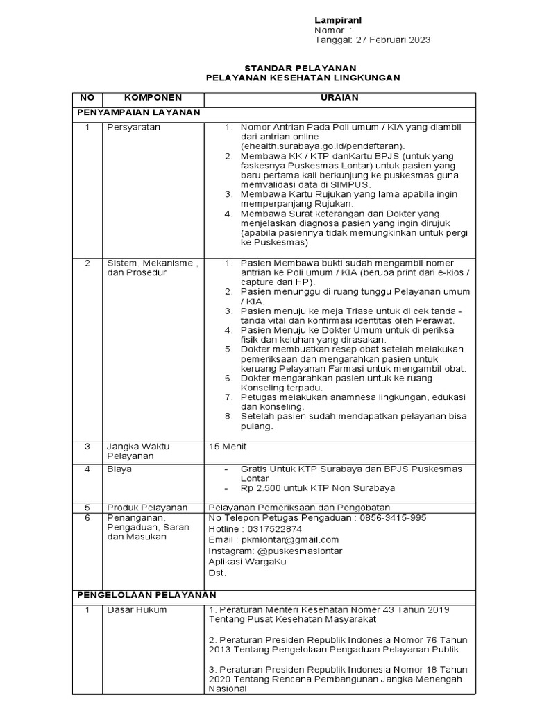 Kesling-Format Standar Pelayanan Puskesmas (2023) | PDF