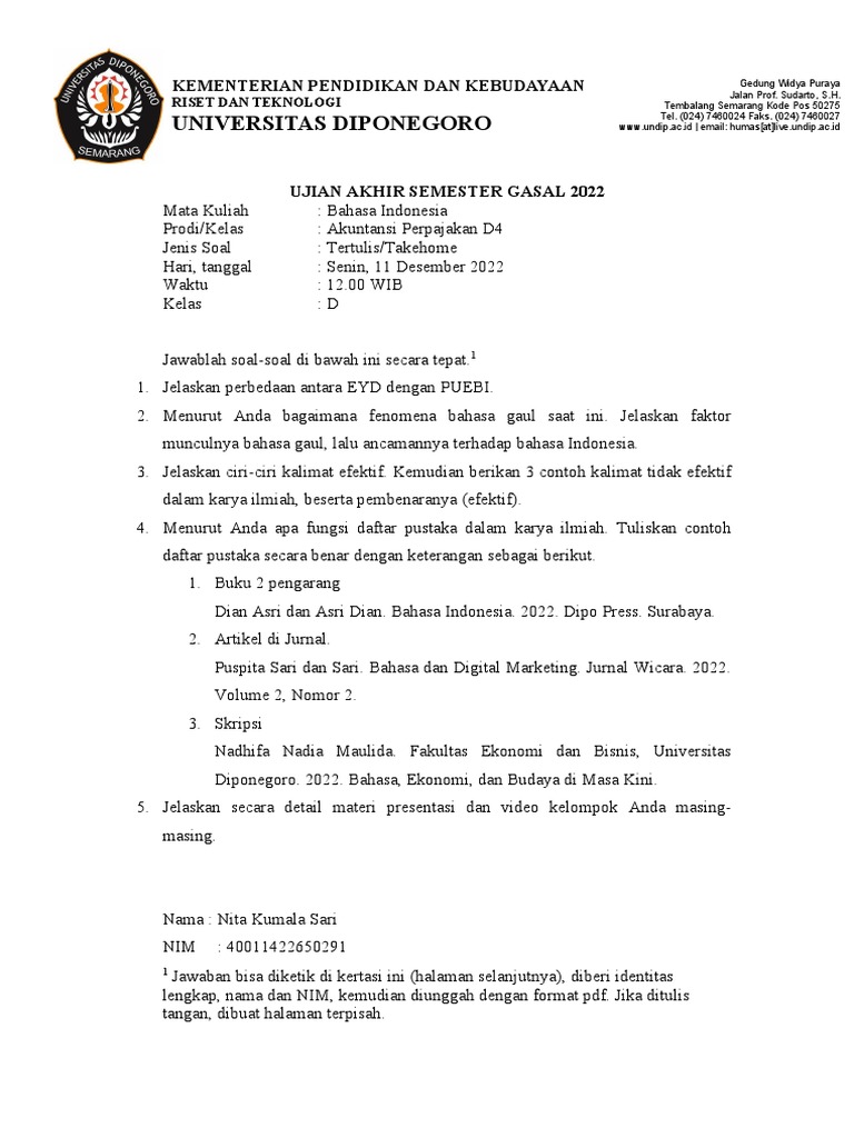 D, Soal Uas Bahasa Indonesia Akuntansi Perpajakan d4 D 2022 | PDF | Karier & Perkembangan | Seni ...