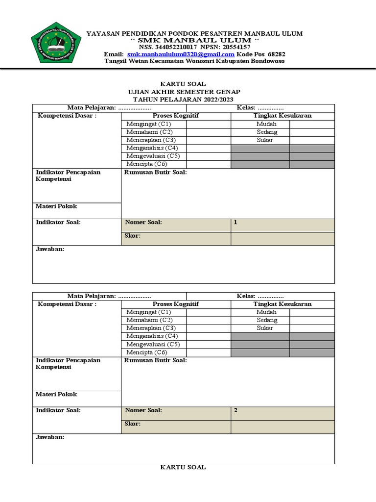 FORMAT KARTU SOAL UAS K13 | PDF