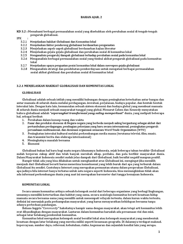 Bahan Ajar Kd2 - Sosiologi Xii - Globalisasi Dan Perubahan Komunitas Lokal | PDF