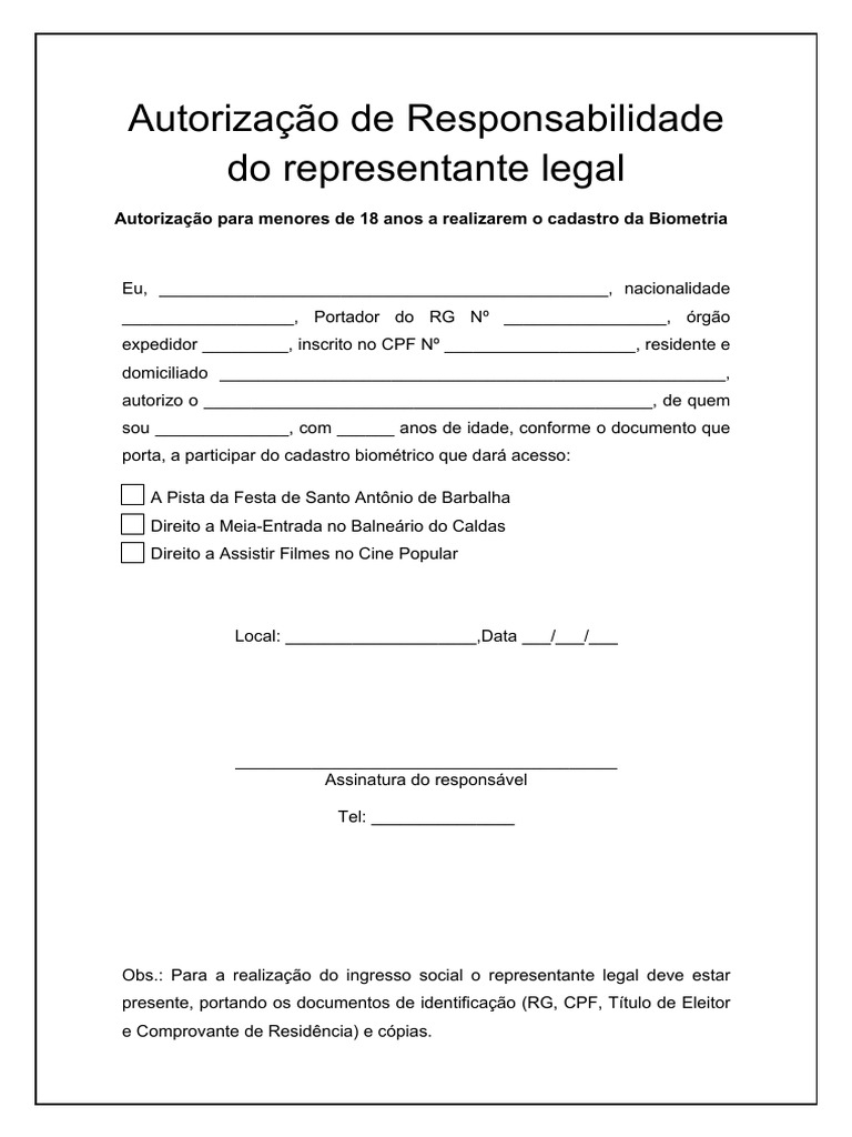 Autorização de Responsabilidade Do Representante Legal | PDF