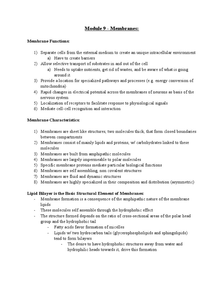 BMSC 200 - Module 9 - Lecture Notes | PDF | Lipid Bilayer | Cell Membrane
