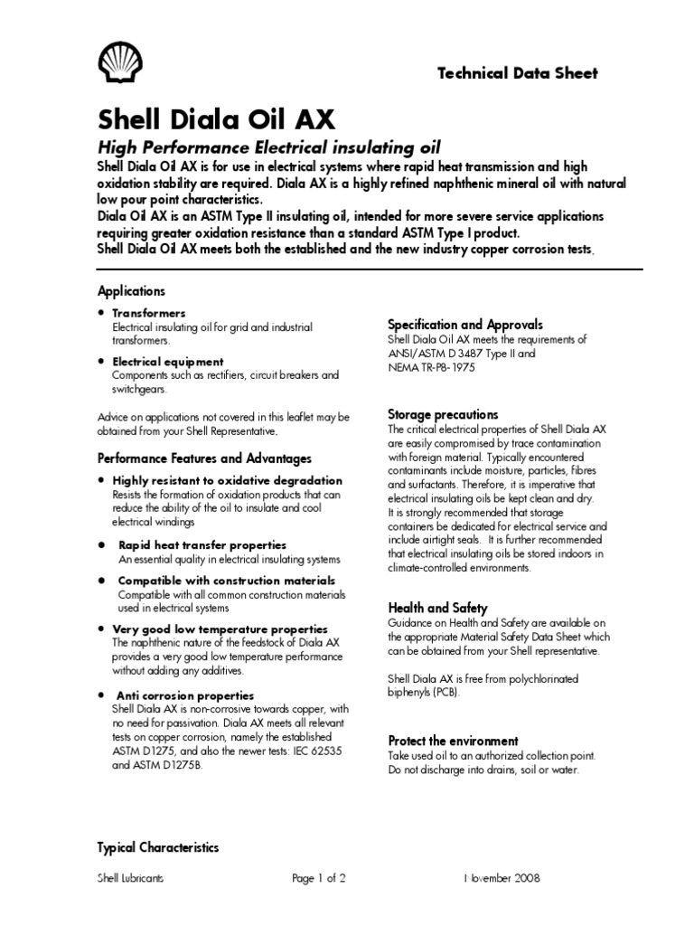 Shell Diala Oil AX Technical Data Sheet | PDF | Insulator (Electricity ...