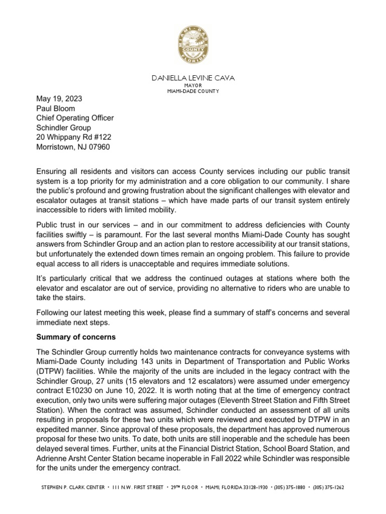 Letter To Schindler Group 5-19-2023 | PDF | Elevator | Escalator