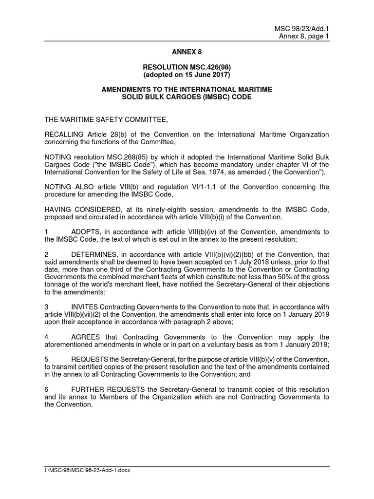 IMO - Res - MSC426 (98) - IMSBC Code Amendments RG | PDF | Dangerous ...