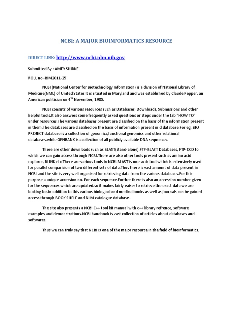 Ncbi: A Major Bioinformatics Resource: Direct Link | PDF