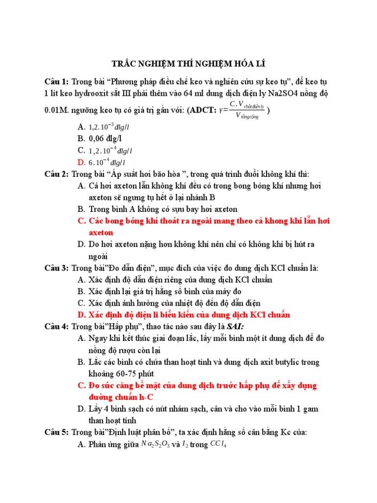 Trac Nghiem Thi Nghiem Hoa Ly | PDF