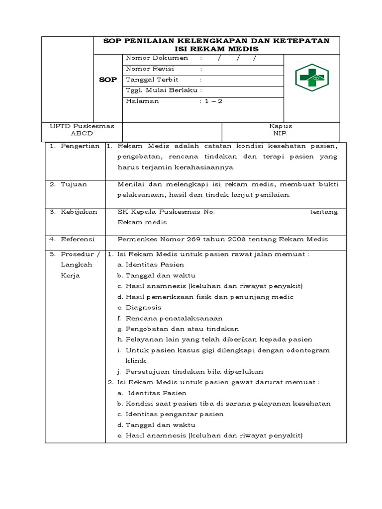 8.4.4.2 SOP PENILAIAN KELENGKAPAN DAN KETEPATAN ISI REKAM MEDIS BUKTI ...
