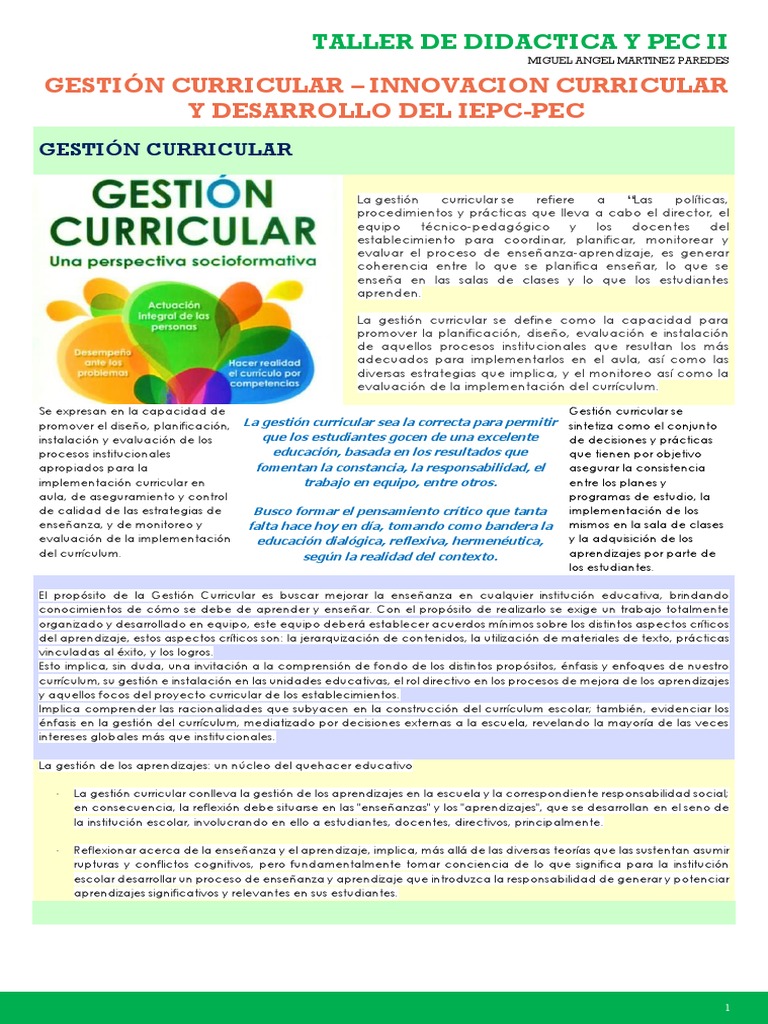 Gestión Curricular - Innovacion Curricular y Desarrollo Del Iepc-Pec | PDF | Plan de estudios ...